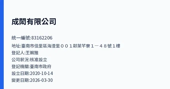 成閎有限公司的照片-統編 83162206(臺南市) 公司登記資料與營業項目詳細圖表