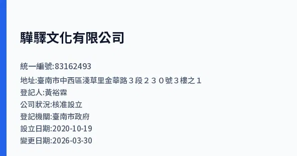 驊驛文化有限公司的照片-統編 83162493(臺南市) 公司登記資料與營業項目詳細圖表