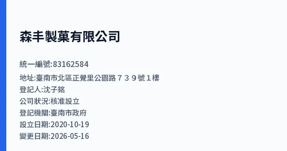 森丰製菓有限公司的照片-統編 83162584(臺南市) 公司登記資料與營業項目詳細圖表