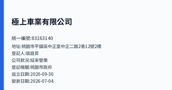 極上車業有限公司的照片-統編 83163140(桃園市) 公司登記資料與營業項目詳細圖表