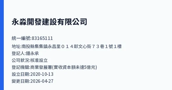 永淼開發建設有限公司的照片-統編 83165111(南投縣) 公司登記資料與營業項目詳細圖表