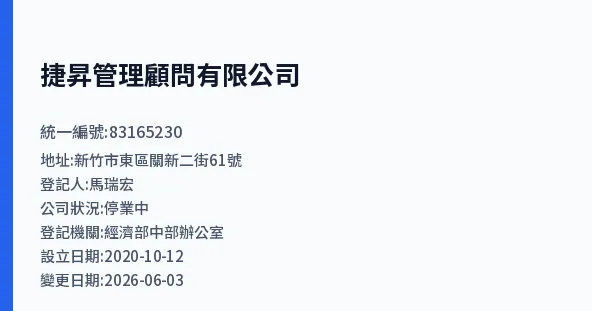 捷昇管理顧問有限公司的照片-統編 83165230(新竹市) 公司登記資料與營業項目詳細圖表