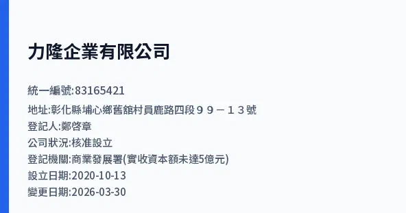 力隆企業有限公司的照片-統編 83165421(彰化縣) 公司登記資料與營業項目詳細圖表