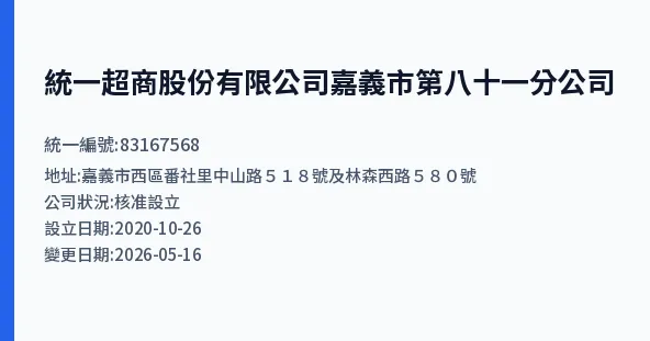 統一超商股份有限公司嘉義市第八十一分公司的照片-統編 83167568(嘉義市) 公司登記資料與營業項目詳細圖表