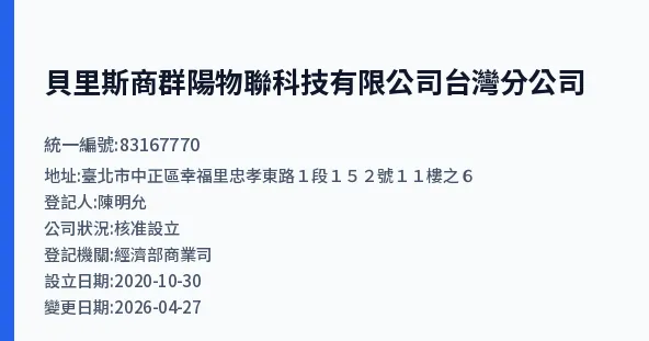 貝里斯商群陽物聯科技有限公司台灣分公司的照片-統編 83167770(臺北市) 公司登記資料與營業項目詳細圖表