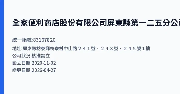全家便利商店股份有限公司屏東縣第一二五分公司的照片-統編 83167820(屏東縣) 公司登記資料與營業項目詳細圖表