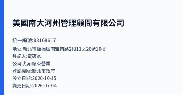 美國南大河州管理顧問有限公司的照片-統編 83168617(新北市) 公司登記資料與營業項目詳細圖表