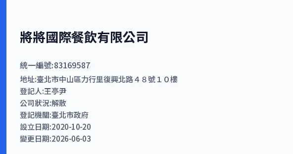 將將國際餐飲有限公司的照片-統編 83169587(臺北市) 公司登記資料與營業項目詳細圖表
