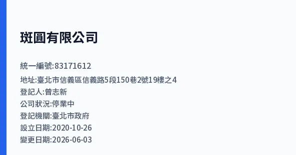 斑圓有限公司的照片-統編 83171612(臺北市) 公司登記資料與營業項目詳細圖表