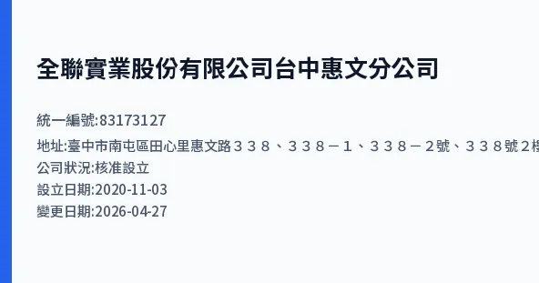 全聯實業股份有限公司台中惠文分公司的照片-統編 83173127(臺中市) 公司登記資料與營業項目詳細圖表