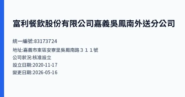 富利餐飲股份有限公司嘉義吳鳳南外送分公司的照片-統編 83173724(嘉義市) 公司登記資料與營業項目詳細圖表