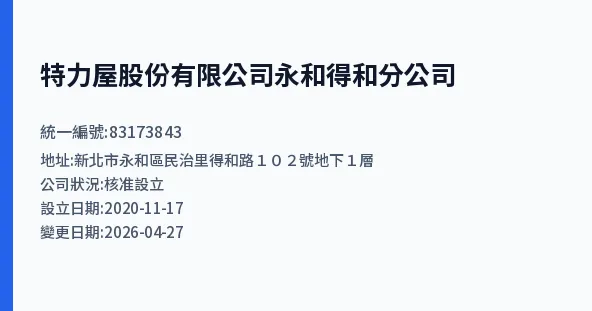 特力屋股份有限公司永和得和分公司的照片-統編 83173843(新北市) 公司登記資料與營業項目詳細圖表