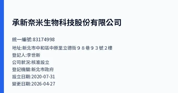 承新奈米生物科技股份有限公司的照片-統編 83174998(新北市) 公司登記資料與營業項目詳細圖表