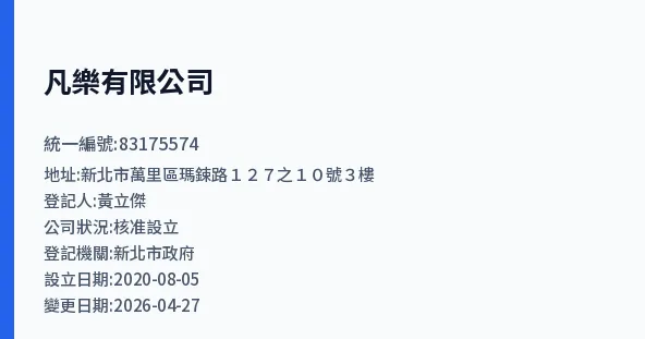 凡樂有限公司的照片-統編 83175574(新北市) 公司登記資料與營業項目詳細圖表