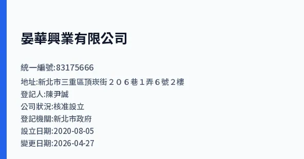 晏華興業有限公司的照片-統編 83175666(新北市) 公司登記資料與營業項目詳細圖表