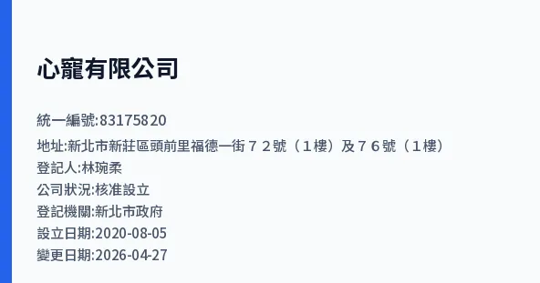心寵有限公司的照片-統編 83175820(新北市) 公司登記資料與營業項目詳細圖表