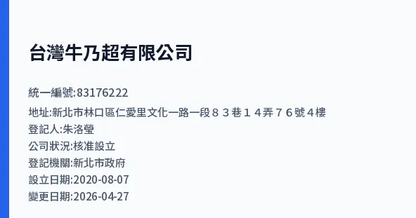 台灣牛乃超有限公司的照片-統編 83176222(新北市) 公司登記資料與營業項目詳細圖表