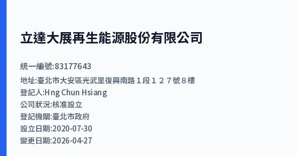 立達大展再生能源股份有限公司的照片-統編 83177643(臺北市) 公司登記資料與營業項目詳細圖表