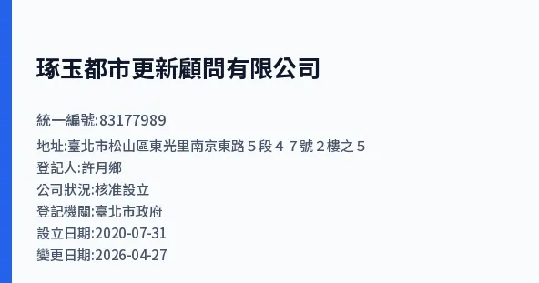 琢玉都市更新顧問有限公司的照片-統編 83177989(臺北市) 公司登記資料與營業項目詳細圖表