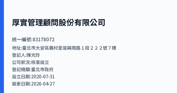 厚實管理顧問股份有限公司的照片-統編 83178072(臺北市) 公司登記資料與營業項目詳細圖表