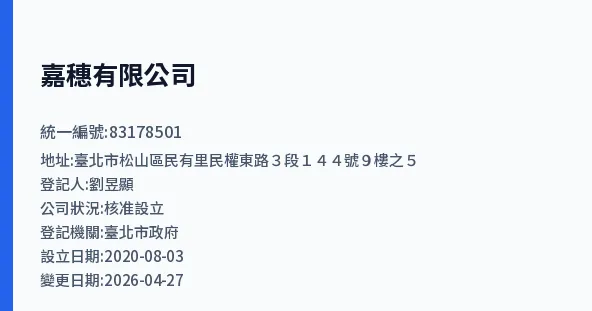 嘉穗有限公司的照片-統編 83178501(臺北市) 公司登記資料與營業項目詳細圖表
