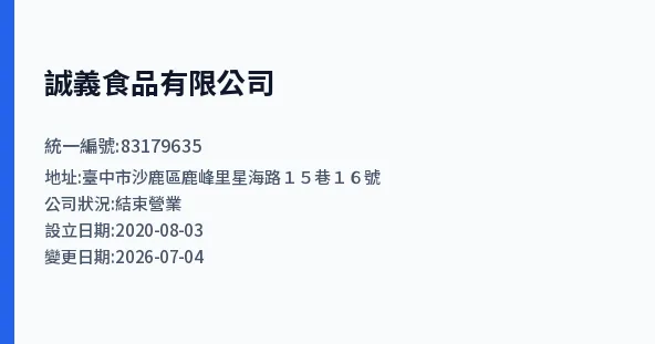 誠義食品有限公司的照片-統編 83179635 公司登記資料與營業項目詳細圖表