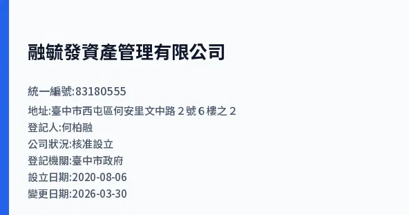 融毓發資產管理有限公司的照片-統編 83180555(臺中市) 公司登記資料與營業項目詳細圖表