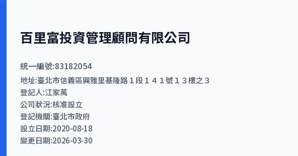 百里富投資管理顧問有限公司的照片-統編 83182054(臺北市) 公司登記資料與營業項目詳細圖表