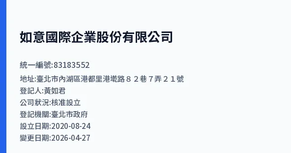如意國際企業股份有限公司的照片-統編 83183552(臺北市) 公司登記資料與營業項目詳細圖表