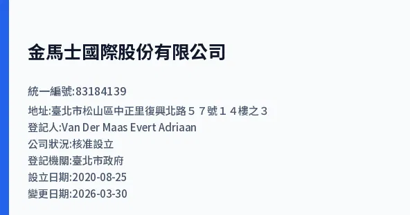 金馬士國際股份有限公司的照片-統編 83184139(臺北市) 公司登記資料與營業項目詳細圖表