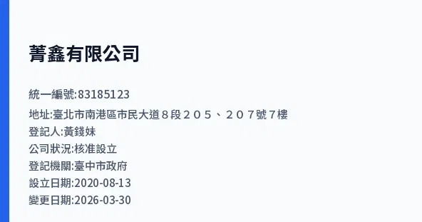 菁鑫有限公司的照片-統編 83185123(臺北市) 公司登記資料與營業項目詳細圖表