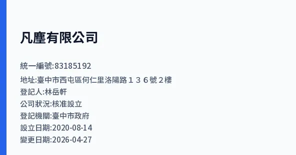 凡塵有限公司的照片-統編 83185192(臺中市) 公司登記資料與營業項目詳細圖表