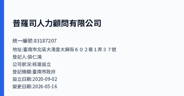 普羅司人力顧問有限公司的照片-統編 83187207(臺南市) 公司登記資料與營業項目詳細圖表