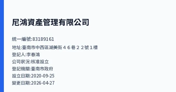 尼鴻資產管理有限公司的照片-統編 83189161(臺南市) 公司登記資料與營業項目詳細圖表