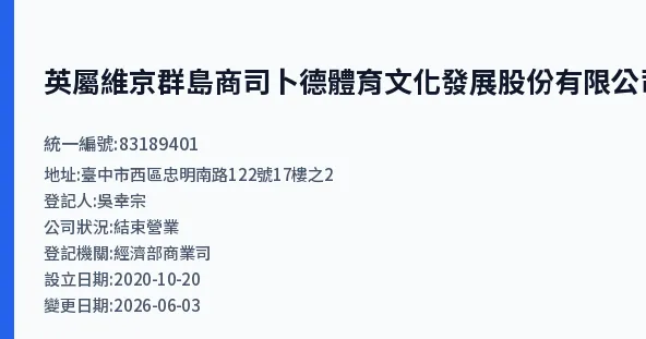 英屬維京群島商司卜德體育文化發展股份有限公司的照片-統編 83189401(臺中市) 公司登記資料與營業項目詳細圖表