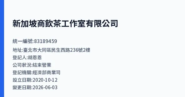 新加坡商飲茶工作室有限公司的照片-統編 83189459(臺北市) 公司登記資料與營業項目詳細圖表