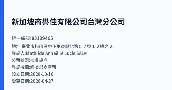新加坡商譽佳有限公司台灣分公司的照片-統編 83189465(臺北市) 公司登記資料與營業項目詳細圖表