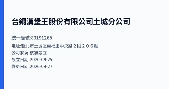 台鋼漢堡王股份有限公司土城分公司的照片-統編 83191265(新北市) 公司登記資料與營業項目詳細圖表