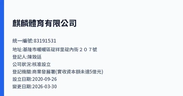 麒麟體育有限公司的照片-統編 83191531(基隆市) 公司登記資料與營業項目詳細圖表