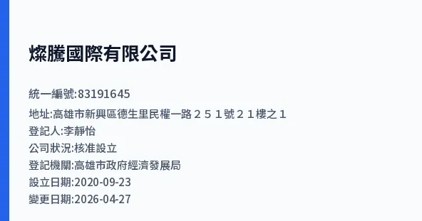 燦騰國際有限公司的照片-統編 83191645(高雄市) 公司登記資料與營業項目詳細圖表