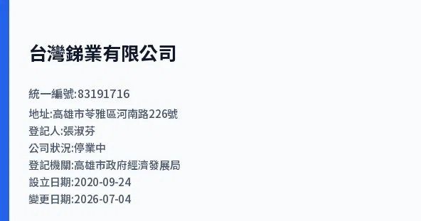 台灣銻業有限公司的照片-統編 83191716(高雄市) 公司登記資料與營業項目詳細圖表