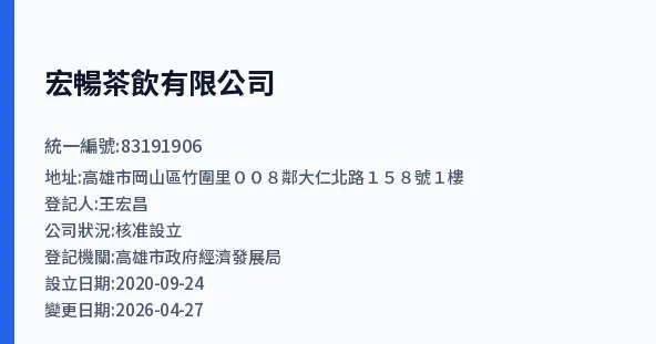 宏暢茶飲有限公司的照片-統編 83191906(高雄市) 公司登記資料與營業項目詳細圖表