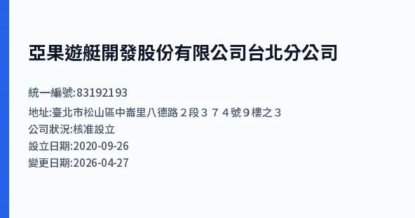 亞果遊艇開發股份有限公司台北分公司的照片-統編 83192193(臺北市) 公司登記資料與營業項目詳細圖表