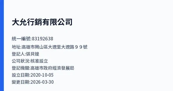 大允行銷有限公司的照片-統編 83192638(高雄市) 公司登記資料與營業項目詳細圖表