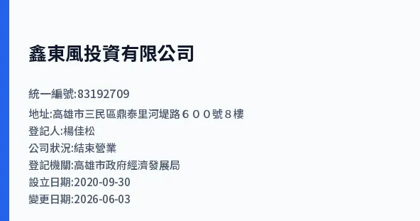 鑫東風投資有限公司的照片-統編 83192709(高雄市) 公司登記資料與營業項目詳細圖表