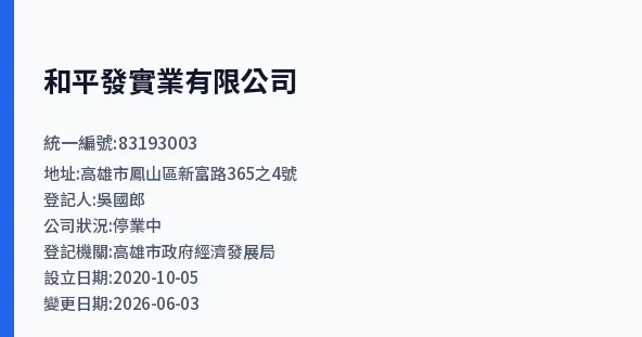 和平發實業有限公司的照片-統編 83193003(高雄市) 公司登記資料與營業項目詳細圖表