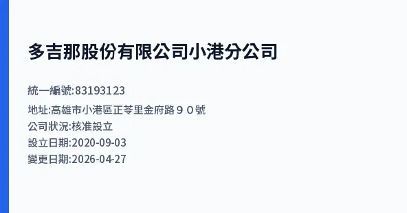 多吉那股份有限公司小港分公司的照片-統編 83193123(高雄市) 公司登記資料與營業項目詳細圖表