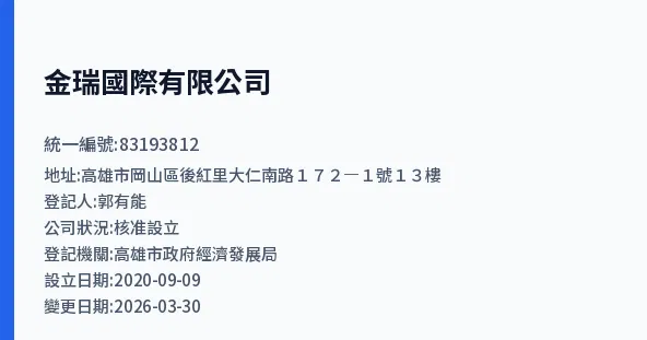 金瑞國際有限公司的照片-統編 83193812(高雄市) 公司登記資料與營業項目詳細圖表