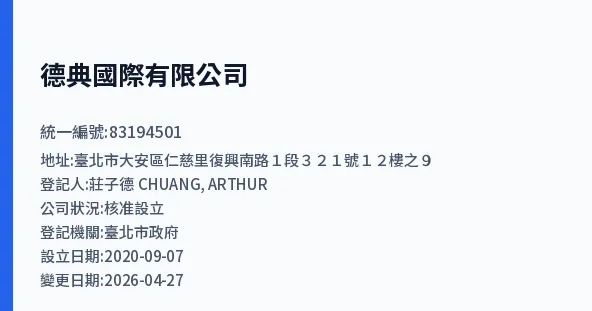 德典國際有限公司的照片-統編 83194501(臺北市) 公司登記資料與營業項目詳細圖表