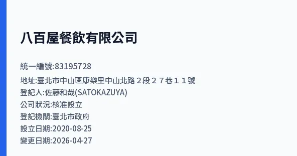 八百屋餐飲有限公司的照片-統編 83195728(臺北市) 公司登記資料與營業項目詳細圖表